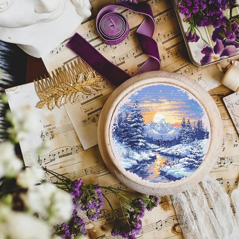 Winter Sunset Cross Stitch Pattern, Christmas Sunset Cross Stitch ...