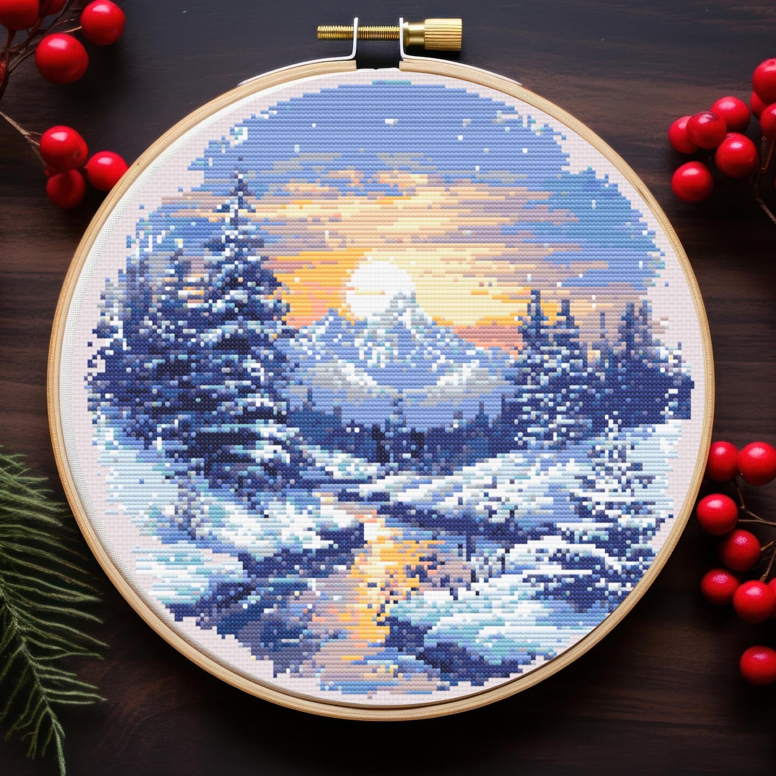 Winter Sunset Cross Stitch Pattern, Christmas Sunset Cross Stitch ...