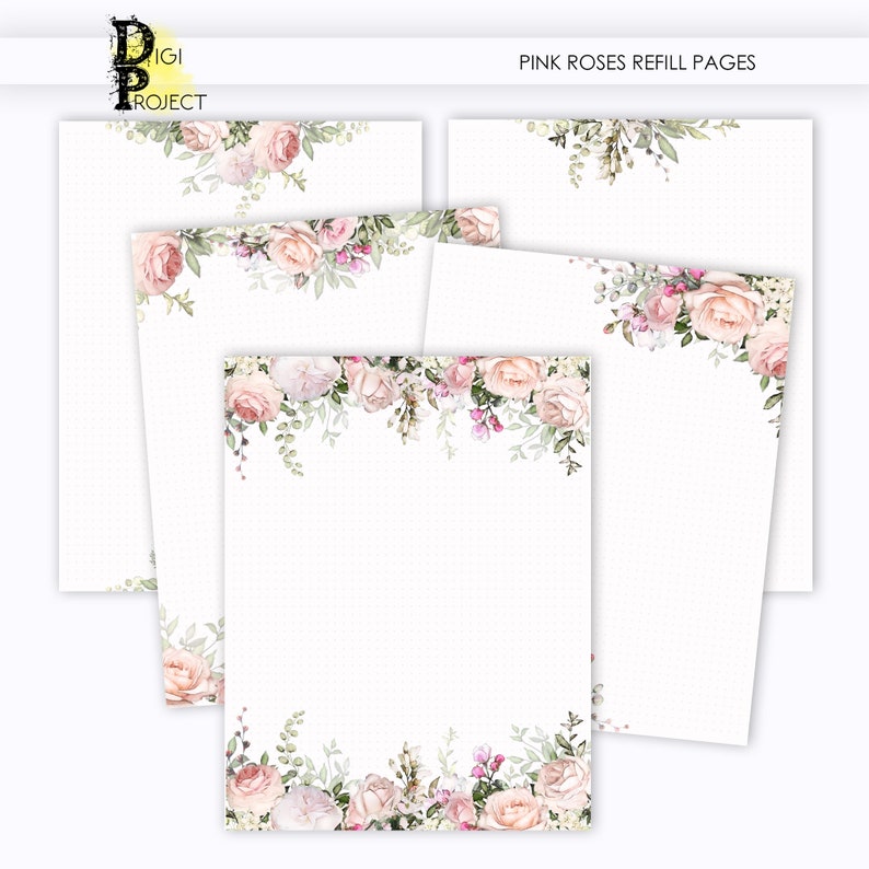 Printable Notes Pages Pink Roses | Dot Grid, Printable Inserts ...
