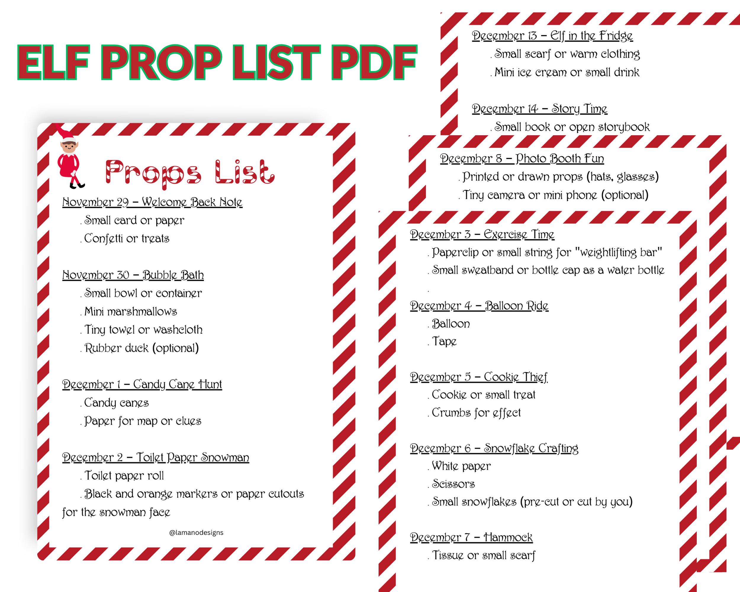 Elf on the Shelf Ideas and Props List Printable PDF for November 29 ...
