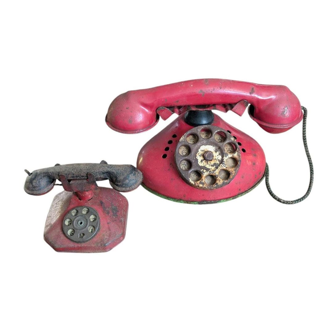 2 Vintage Tin Toy Telephone Rotary Metal Phone Rusty Decor Condition ...