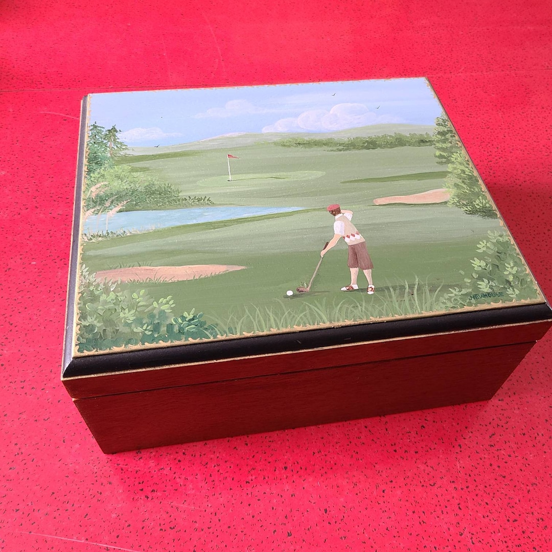 Handpainted Cigar Humidor With Golf Scene Cherry Outer Cedar Lined Gift ...