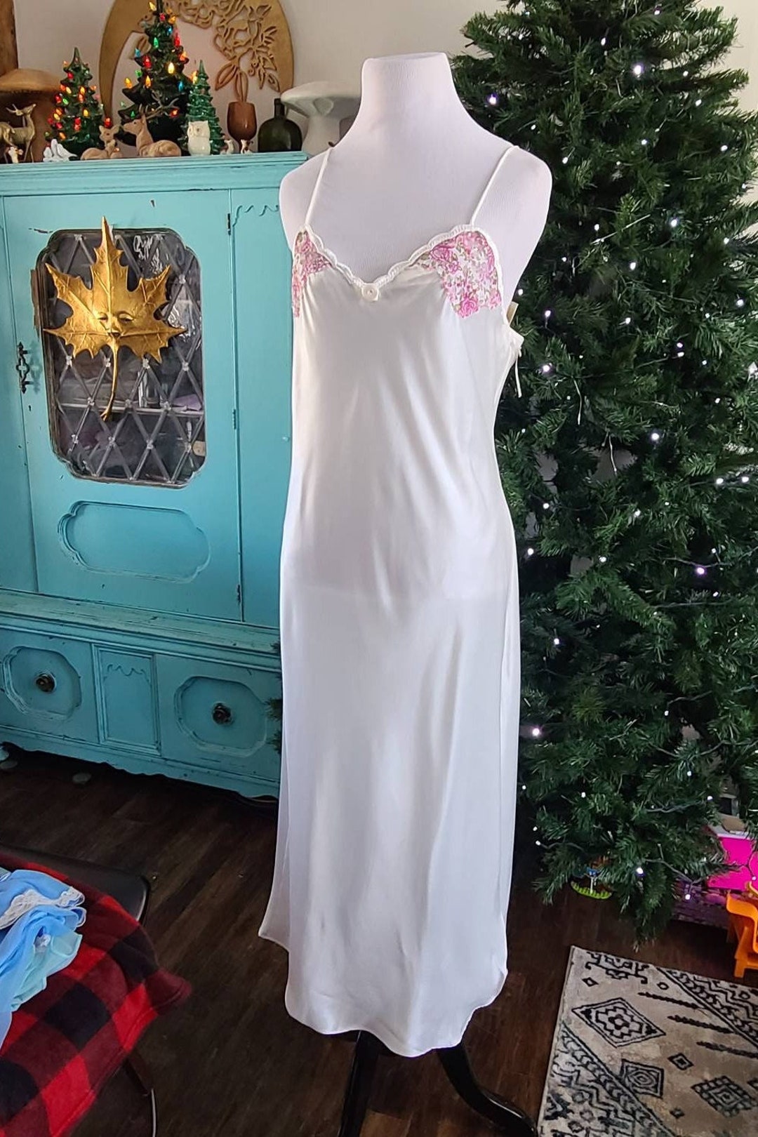 NOS Vintage Satin Slinky 80s Nightgown Val Mode Lingerie Sheer Lace ...