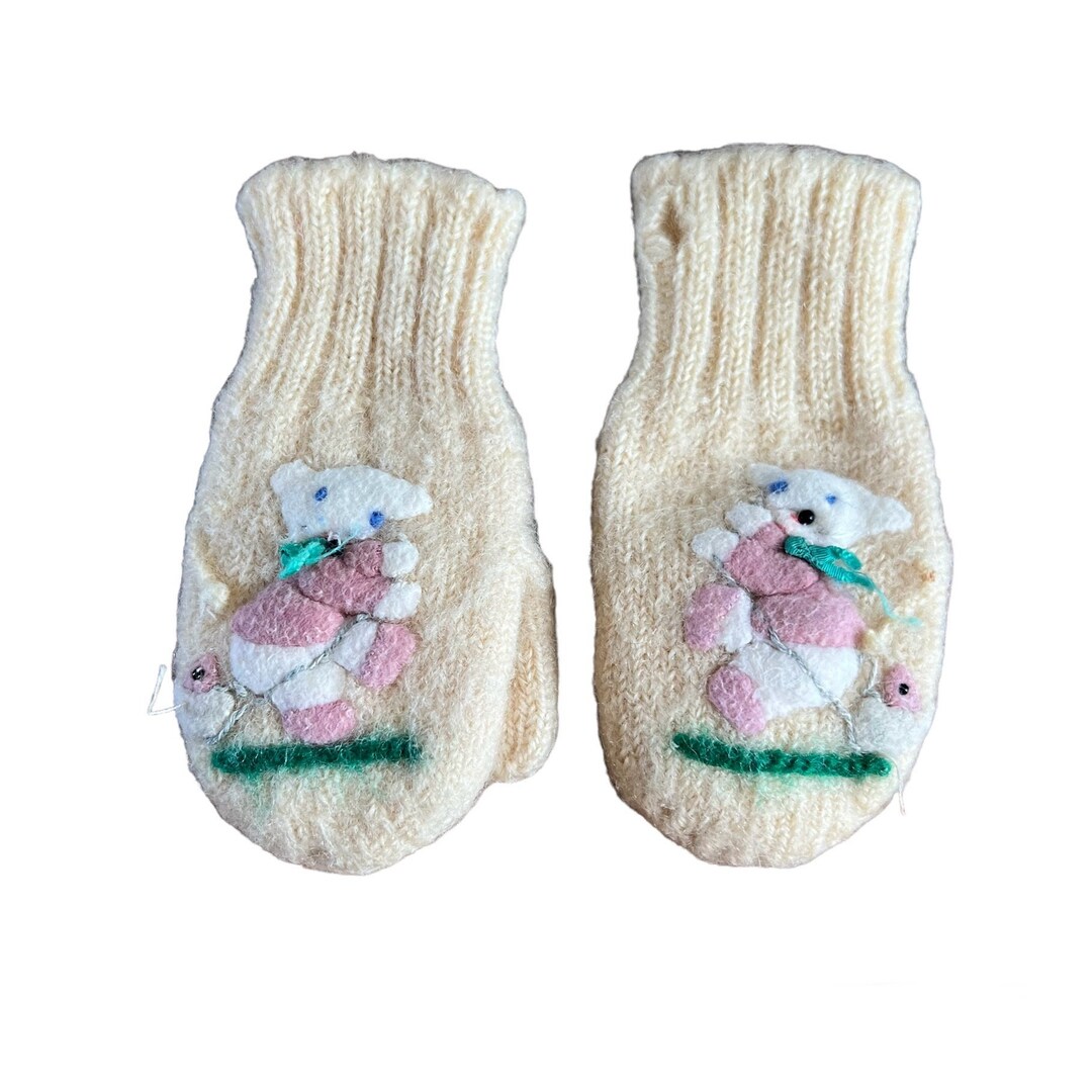 Vintage Antique Baby Wool Mittens Kitty Cat Appliqué Embroidered Woolen ...