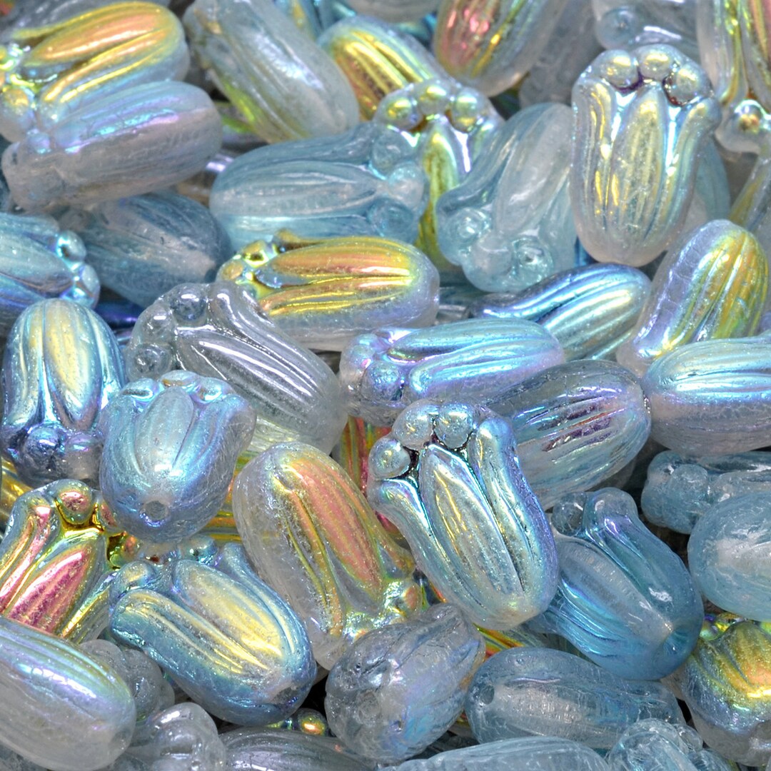 11 Pcs 12x8mm Tulip Bud Pressed Czech Glass Beads -clear Iridescent ...