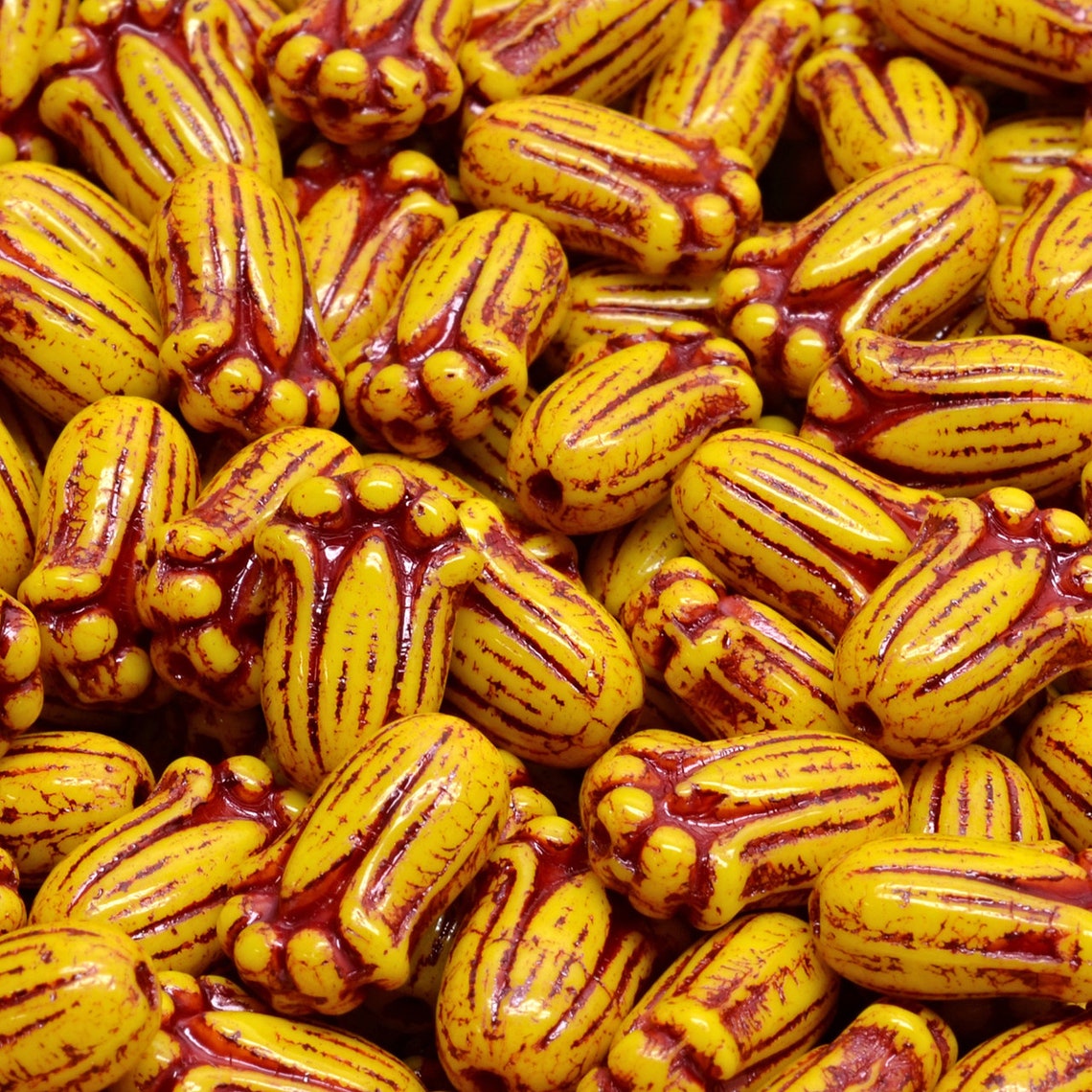 11 Pcs 12x8mm Tulip Bud Pressed Czech Glass Beads -mustard Yellow/red ...