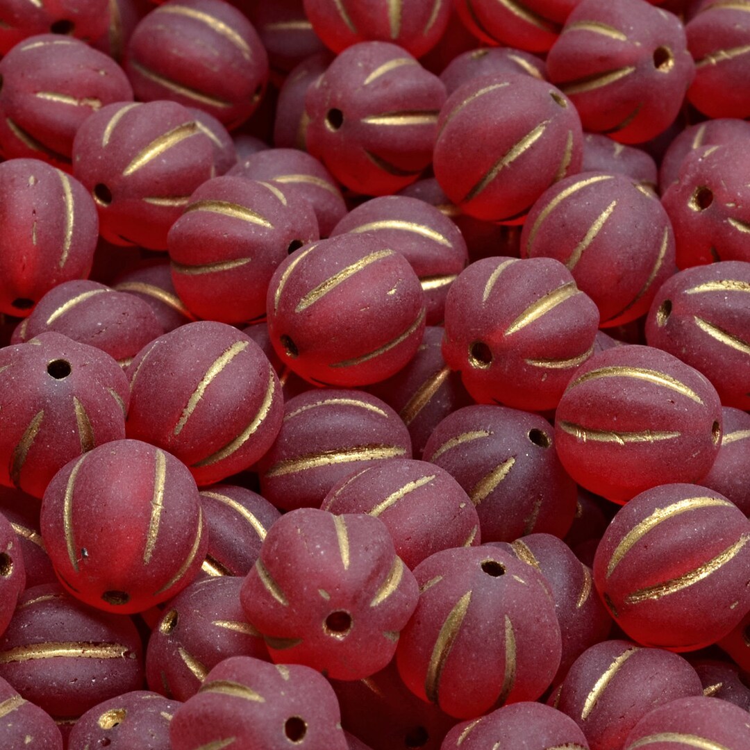 16 Pcs 8mm Melon Pressed Czech Glass Beads -frosted Red and Gold ...