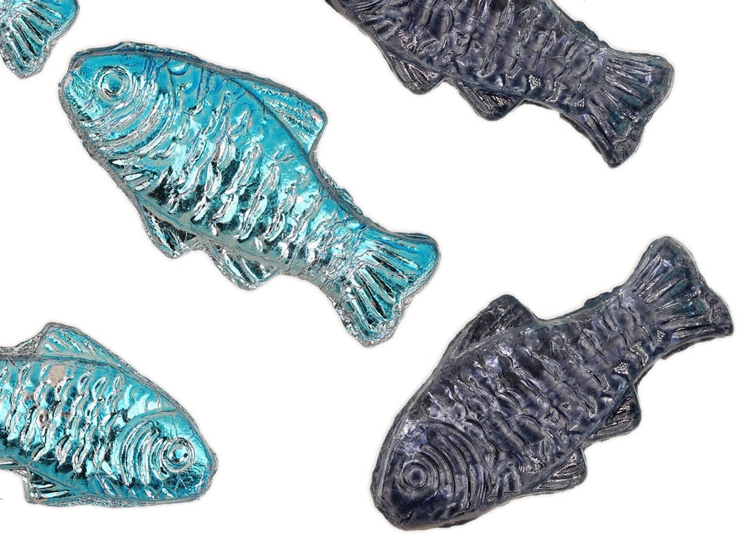 Fish Shaped Pressed Czech Glass Beads 24x10mm 5 Pcs - Turquoise & Blue ...