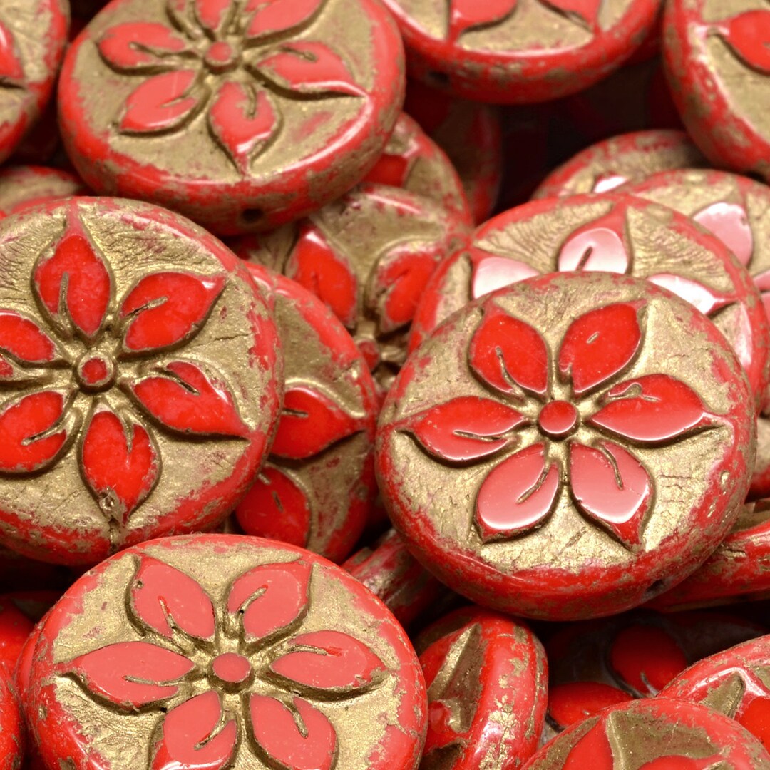 7 Pcs 18mm Table Cut Coin Flower Czech Glass Beads - Red/antique Gold ...