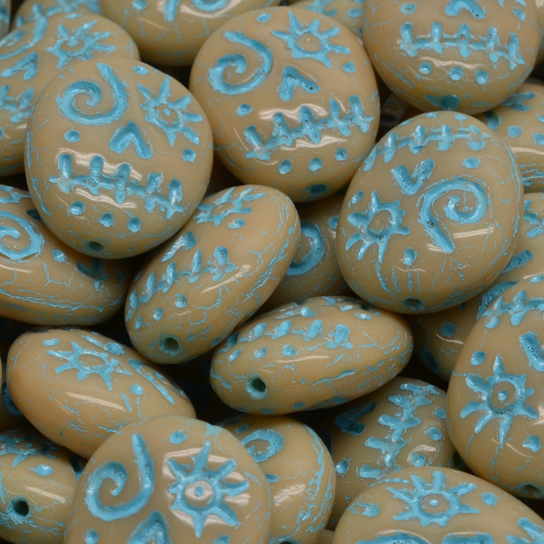 8 Pcs 16x13mm Voodoo Funny Face Pressed Czech Glass Beads -tan/sky Blue ...