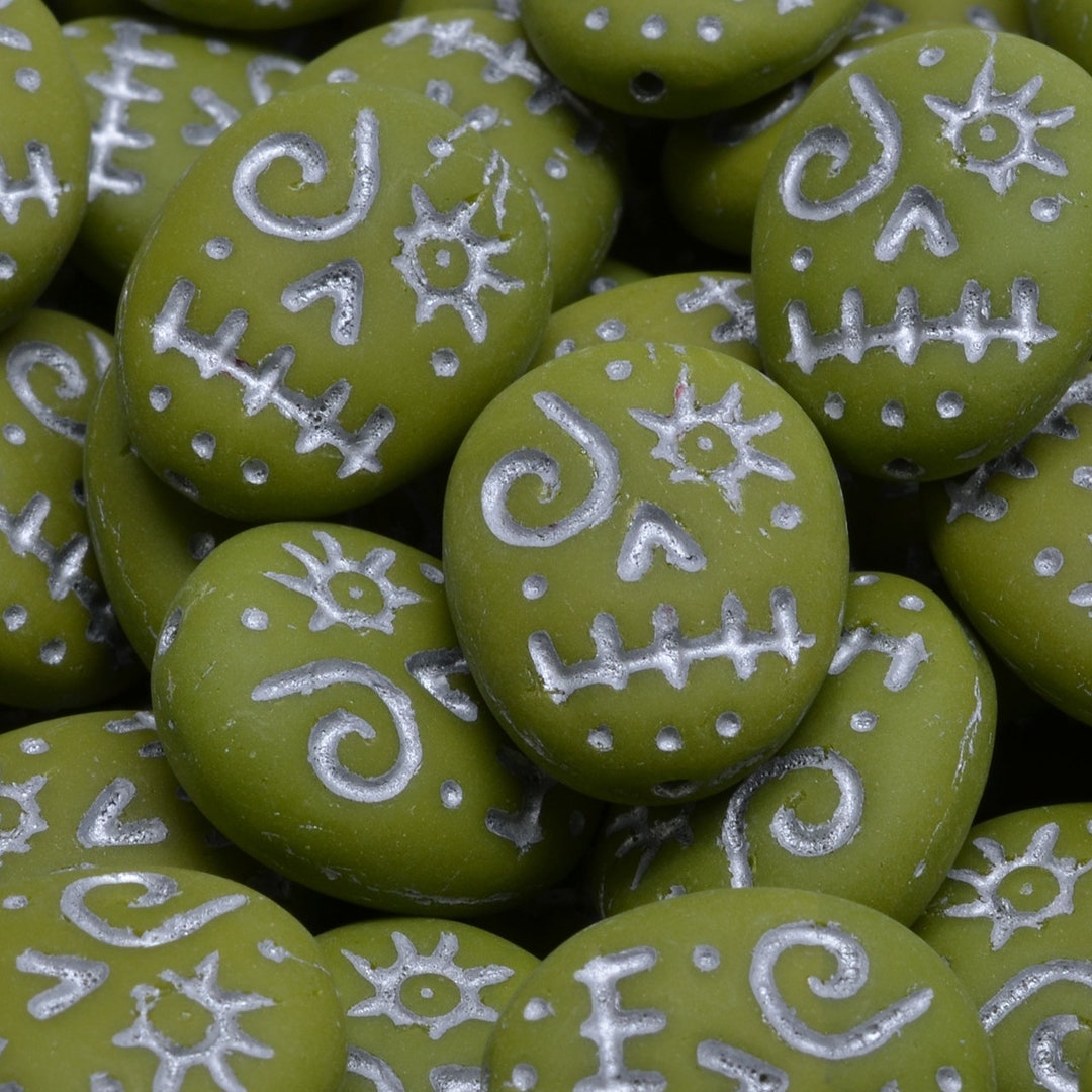 8 Pcs 16x13mm Voodoo Funny Face Pressed Czech Glass Beads -olive/silver ...