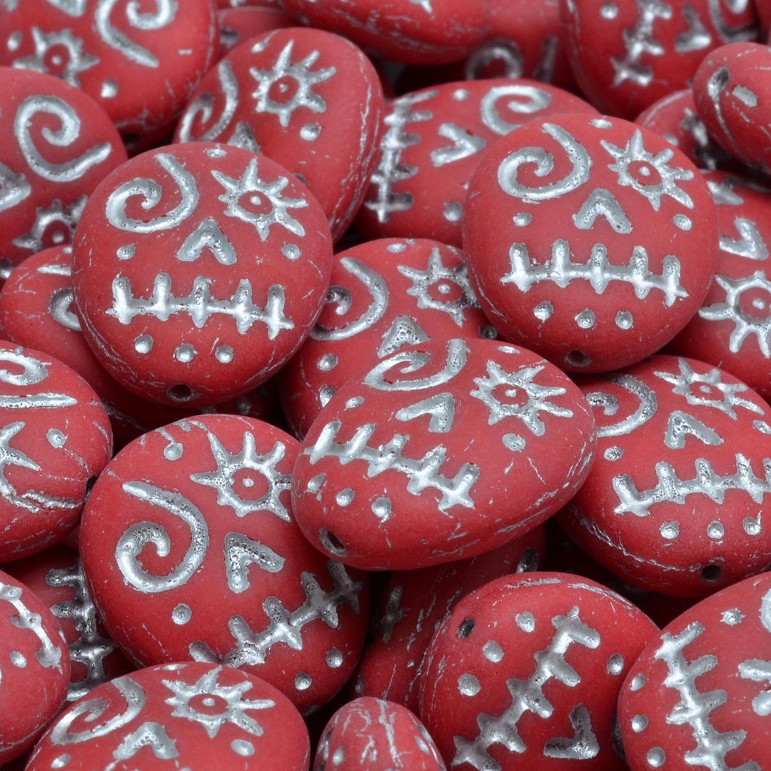 8 Pcs 16x13mm Voodoo Funny Face Pressed Czech Glass Beads -red/silver ...