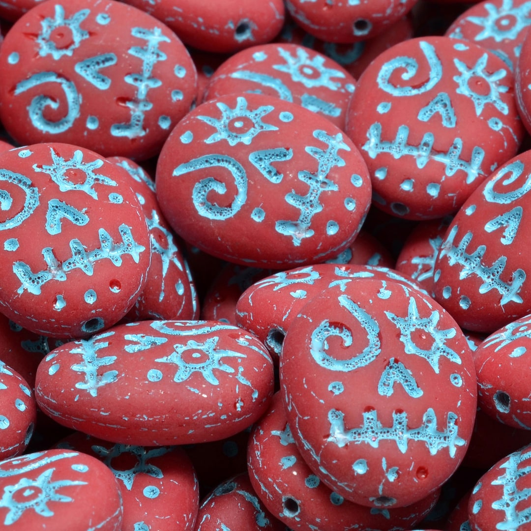 8 Pcs 16x13mm Voodoo Funny Face Pressed Czech Glass Beads -red/sky Blue ...