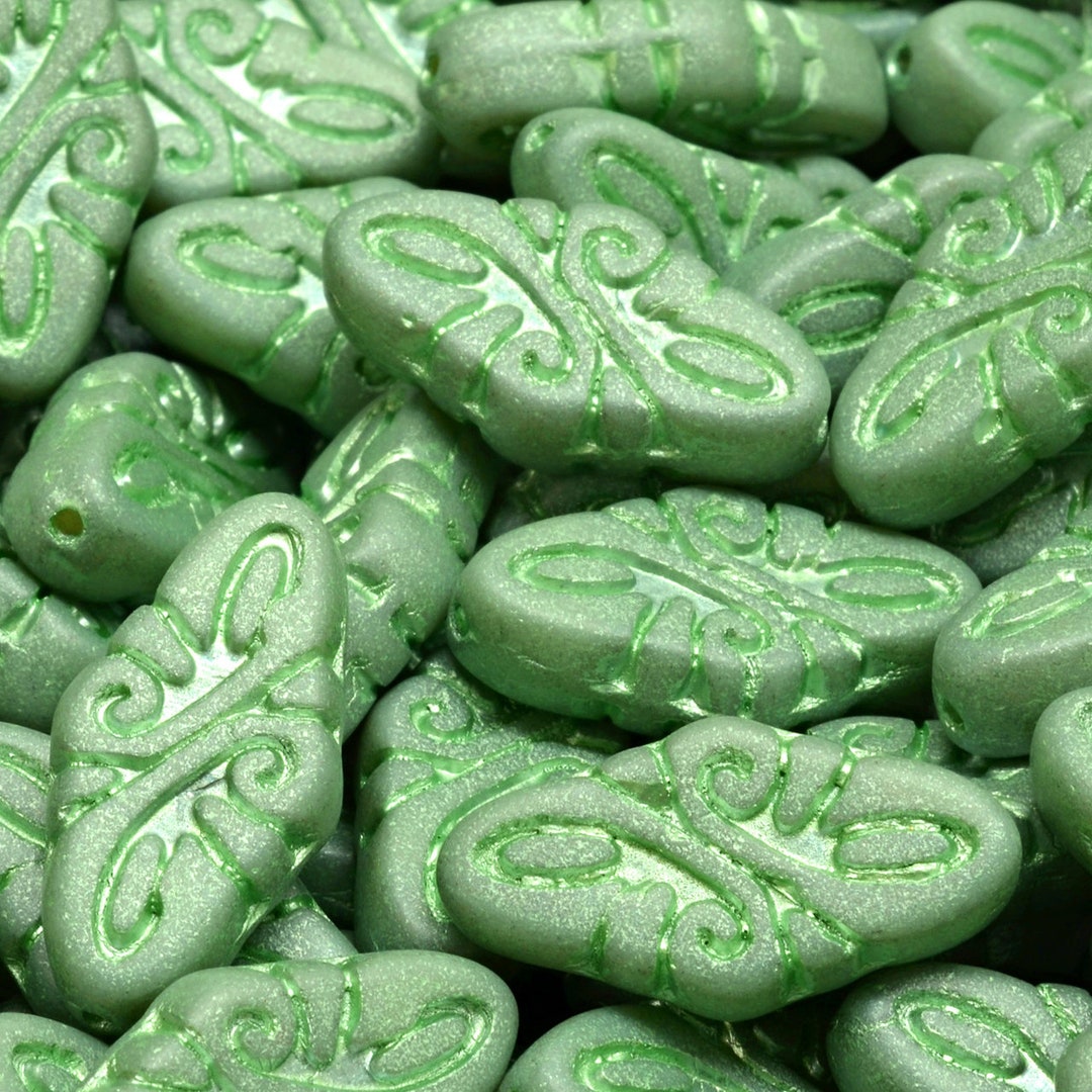 7 Pcs 19x9mm Arabesque Pressed Czech Glass Beads -matte Moss(ch9007103 ...