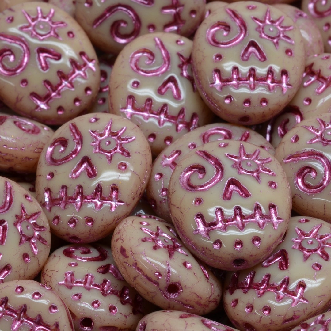 8 Pcs 16x13mm Voodoo Funny Face Pressed Czech Glass Beads -tan/fuchsia ...