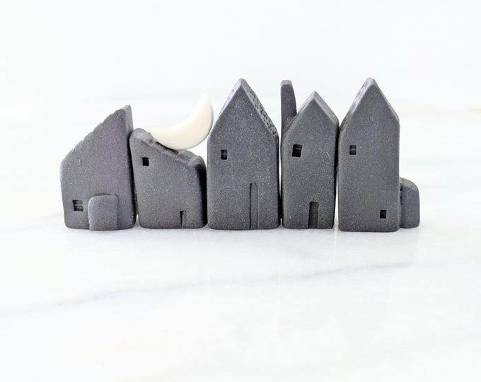 Black Porcelain Miniature Ceramic Houses With a Porcelain Moon - Set of ...