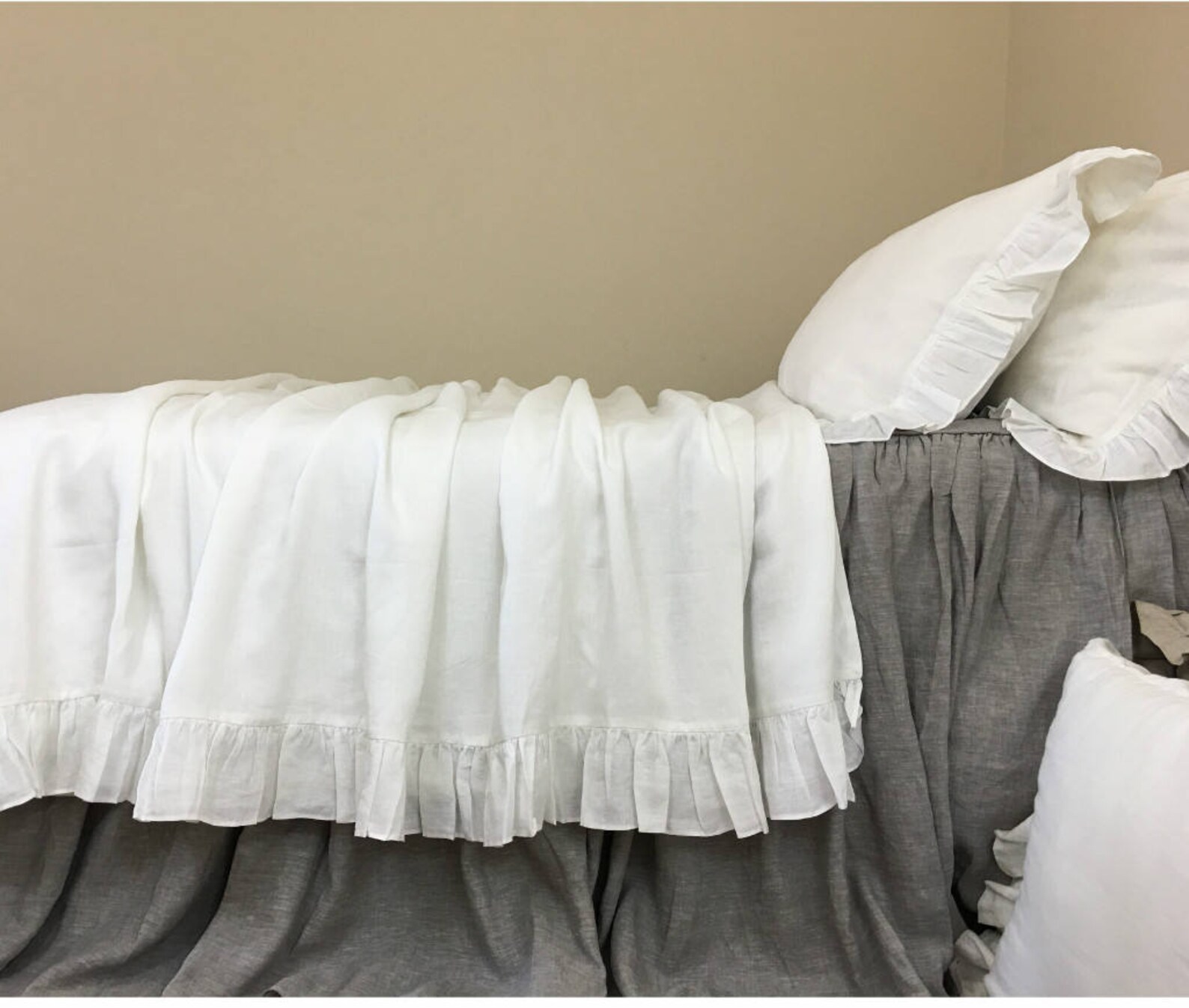White Ruffle Duvet Cover Natural Linen, Linen Bedding, Ruffle Bedding ...