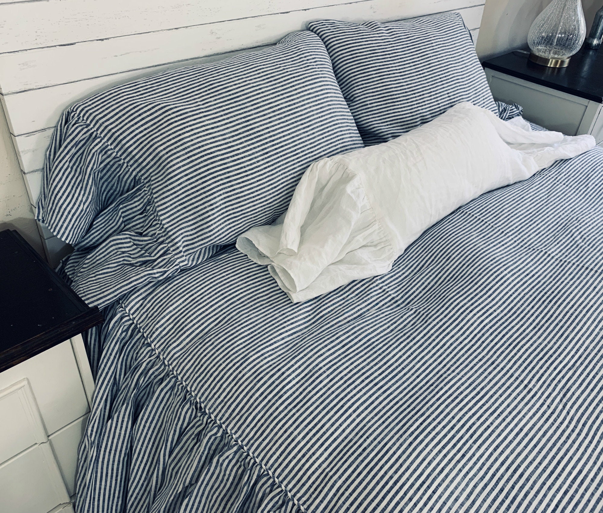 Denim Navy and White Striped Linen Bedspread Dyed Linen - Etsy