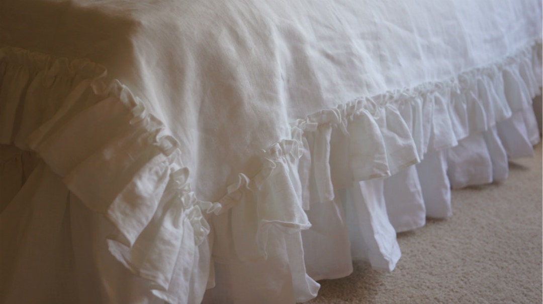 Linen Sheet With Vintage Ruffle Style, Ruffle Bed Cover, Linen Bedding ...