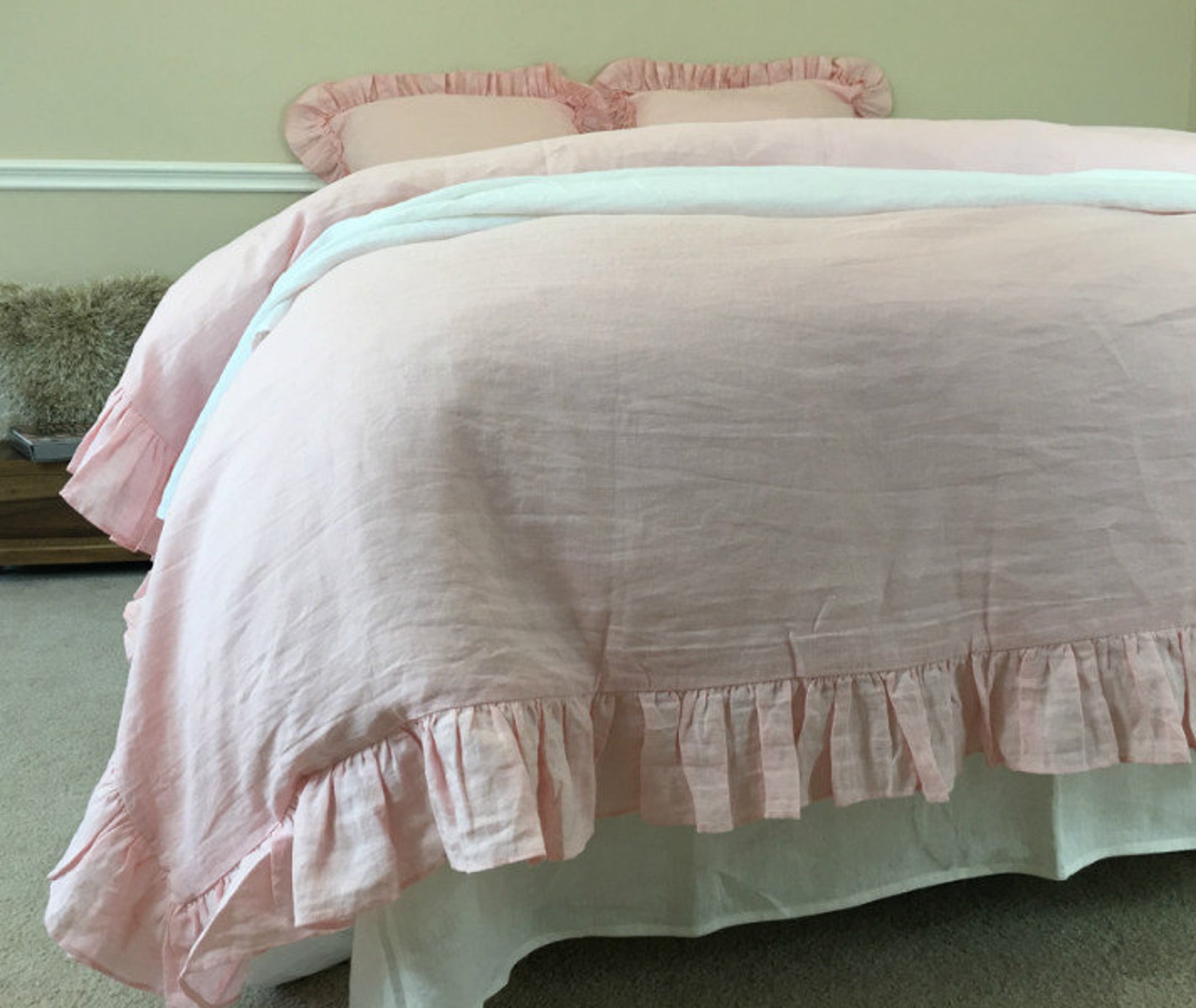 Pink Ruffle Duvet Cover Handmade in Natural Linen Shabby Chic | Etsy