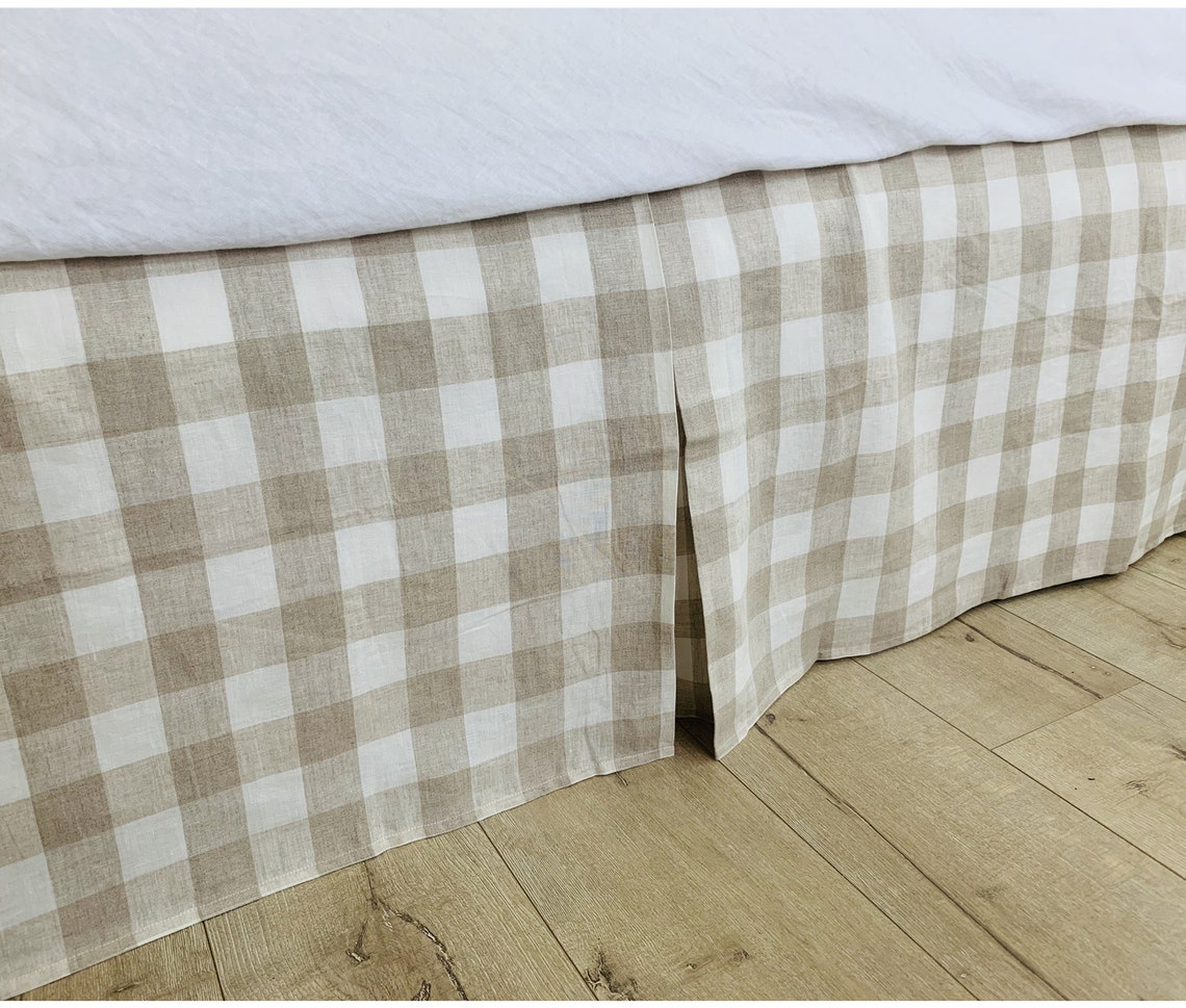 Buffalo Check Linen Bed Skirt Tailored Pleats, Linen Check Pleated Bed ...