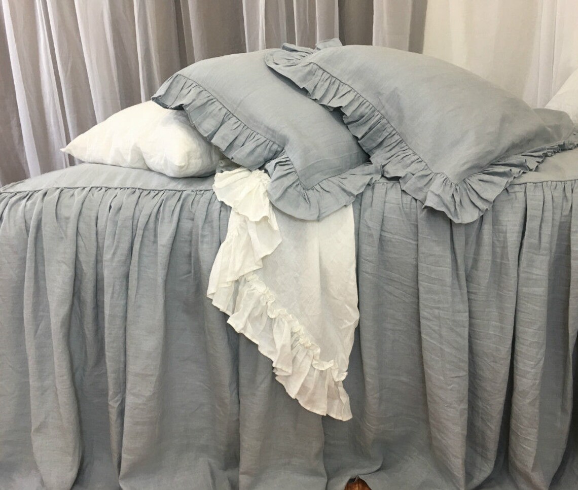 Duck Egg Blue Bedspread Blue Ruffle Bedding Linen Bedding | Etsy