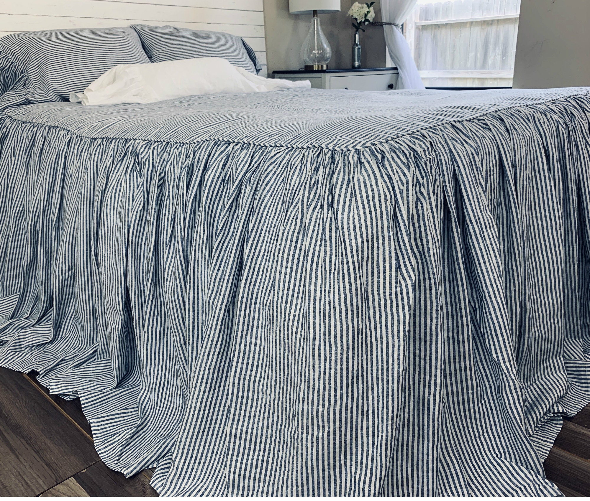 Denim Navy and White Striped Linen Bedspread Dyed Linen - Etsy