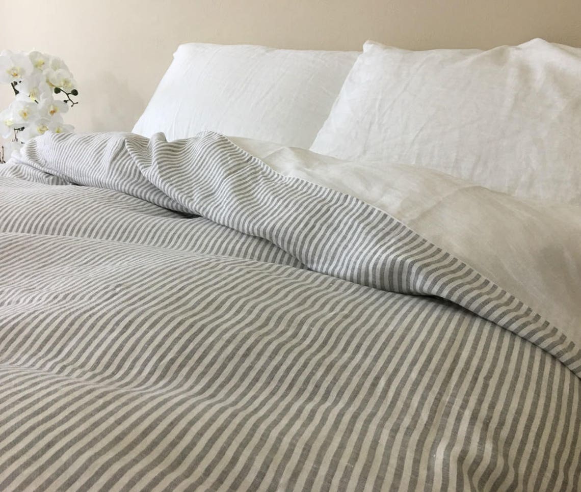Grey Striped Duvet Cover, Reversible, Bengal Stripe Grey Linen on One ...