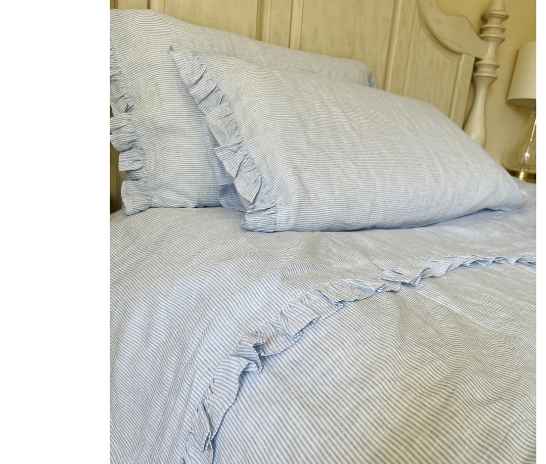 Blue White Ticking Striped Linen Bed Sheets Set With Ruffle Details - Etsy