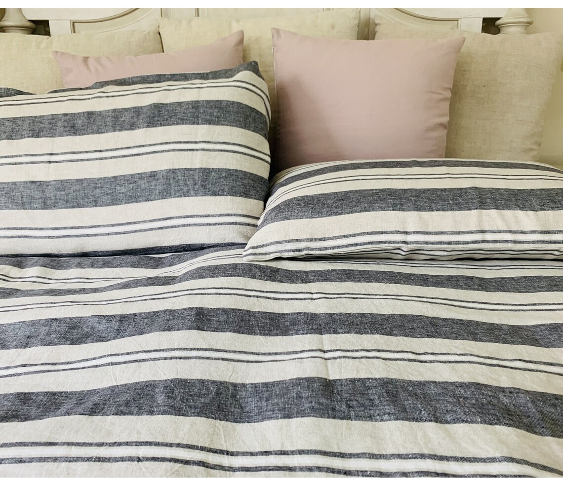 Slate Grey and Natural Linen Coastal Striped Duvet Cover, King 3pc Set ...