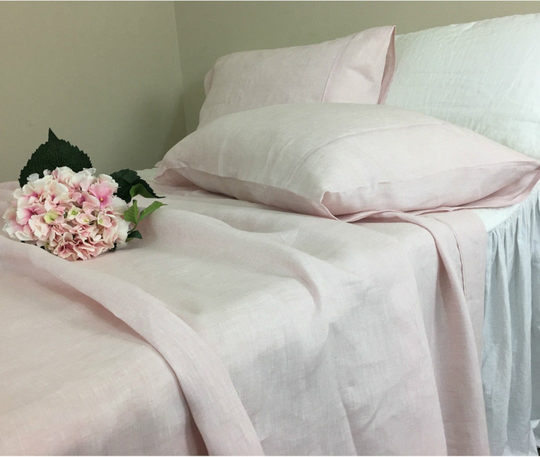 Chambray Blush Pink Linen Bed Sheets, Light Pink Linen Sheets Set ...