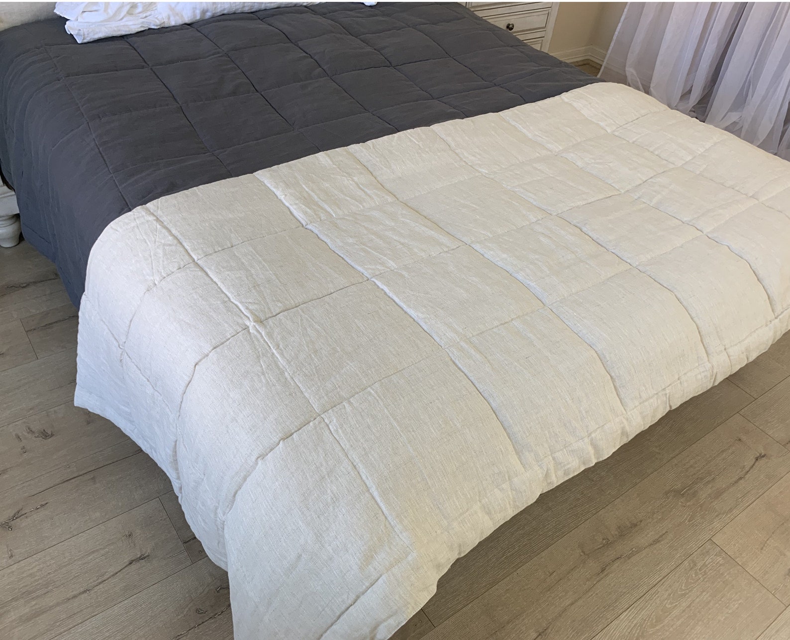 Linen Box Comforter Quilt, Box Shaped Quilted Duvet With Natural Linen ...