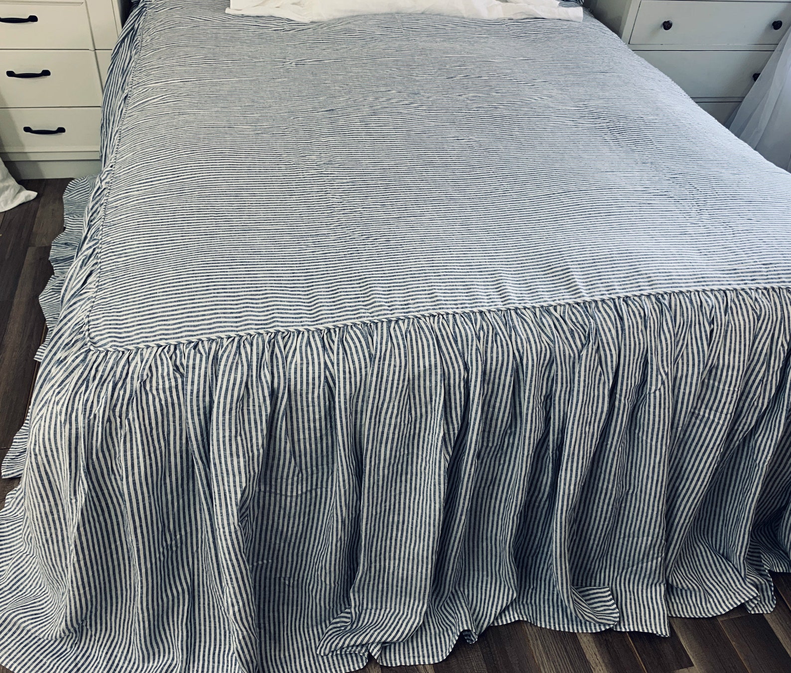 Denim Navy and White Striped Linen Bedspread, Dyed Linen Natural Linen ...