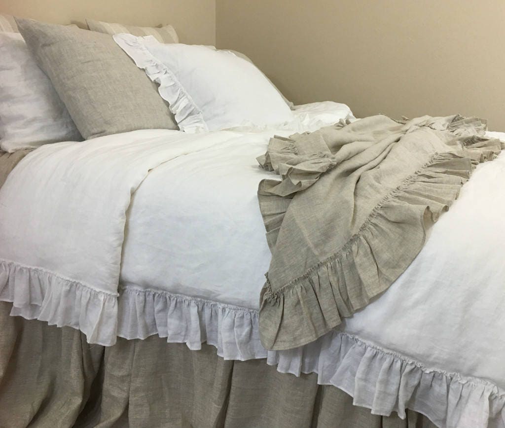 White Linen Duvet Cover With Country Ruffle Hem Cottage | Etsy