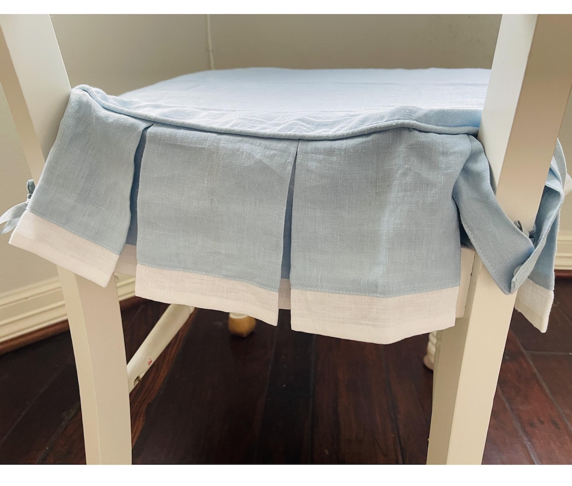 Linen Chair Seat Cover With Pleated Ruffles, Contrast Trim – Multiple ...