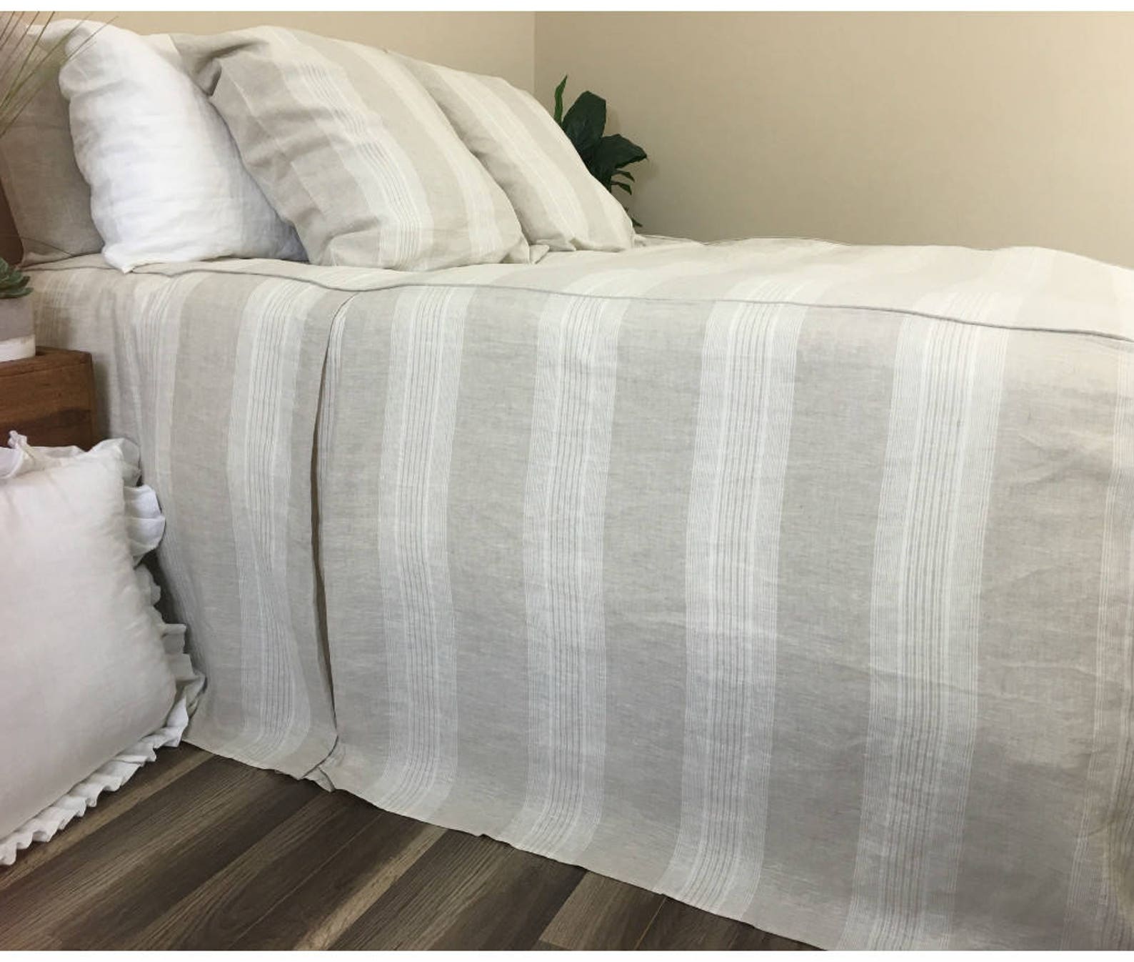 Natural Linen Coastal Striped Bed Cover With Tailored Pleats, Bed ...