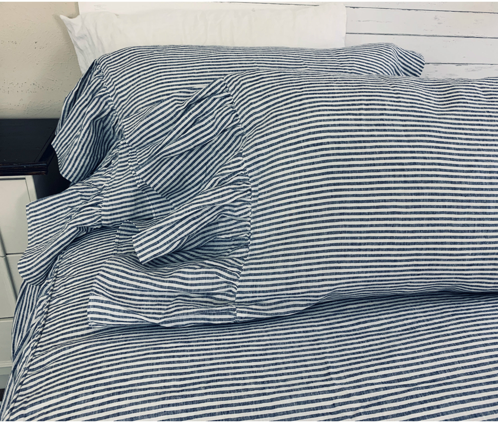 Denim Navy and White Striped Linen Bedspread, Dyed Linen Natural Linen ...