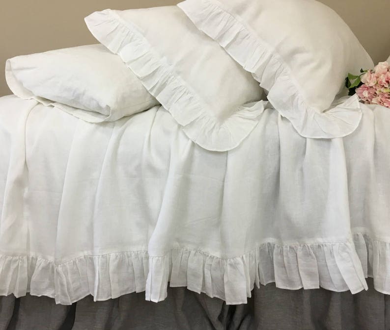 White Ruffle Duvet Cover Natural Linen, Linen Bedding, Ruffle Bedding ...