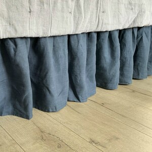 Navy Linen Bed Skirt With Gathered Ruffles, Bed Ruffles, Dark Blue ...