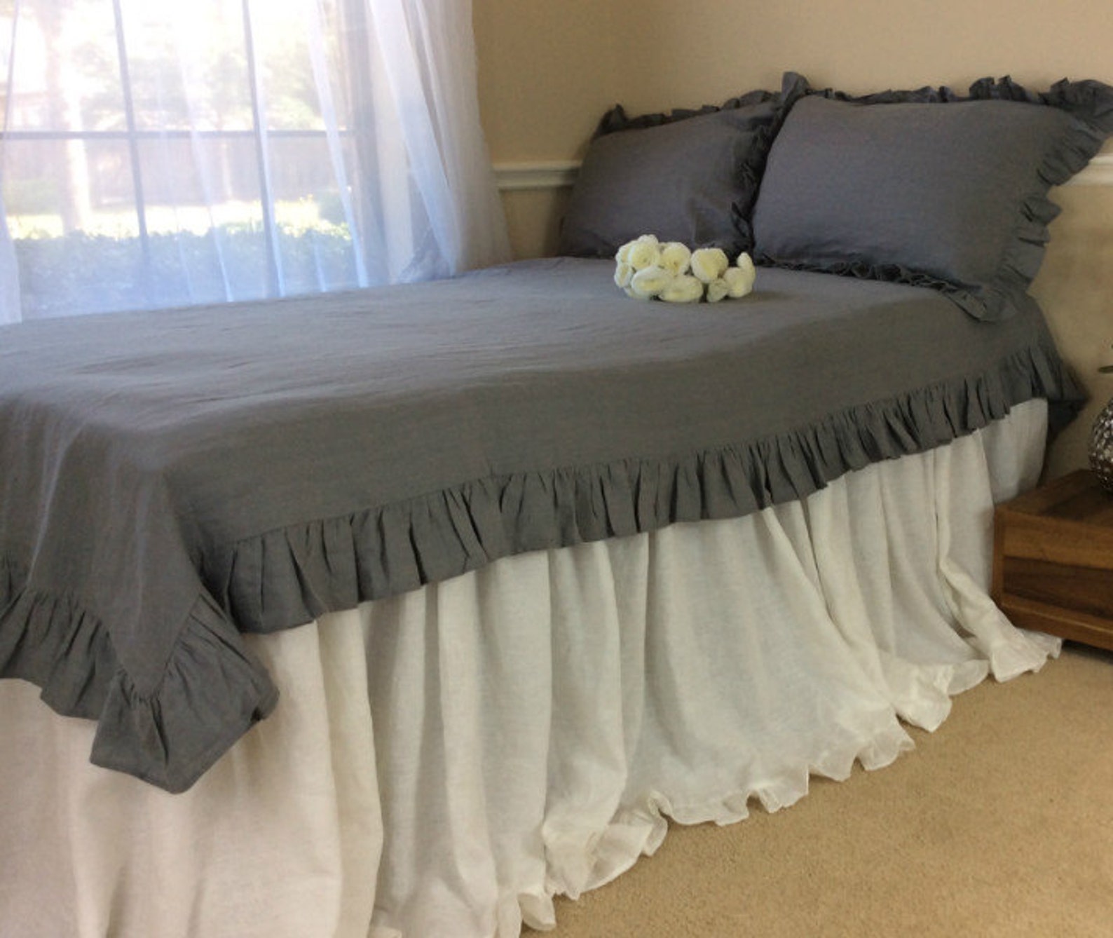 Industrial Rustic Dark Gray Ruffle Linen Duvet Cover Features Easy Flow ...