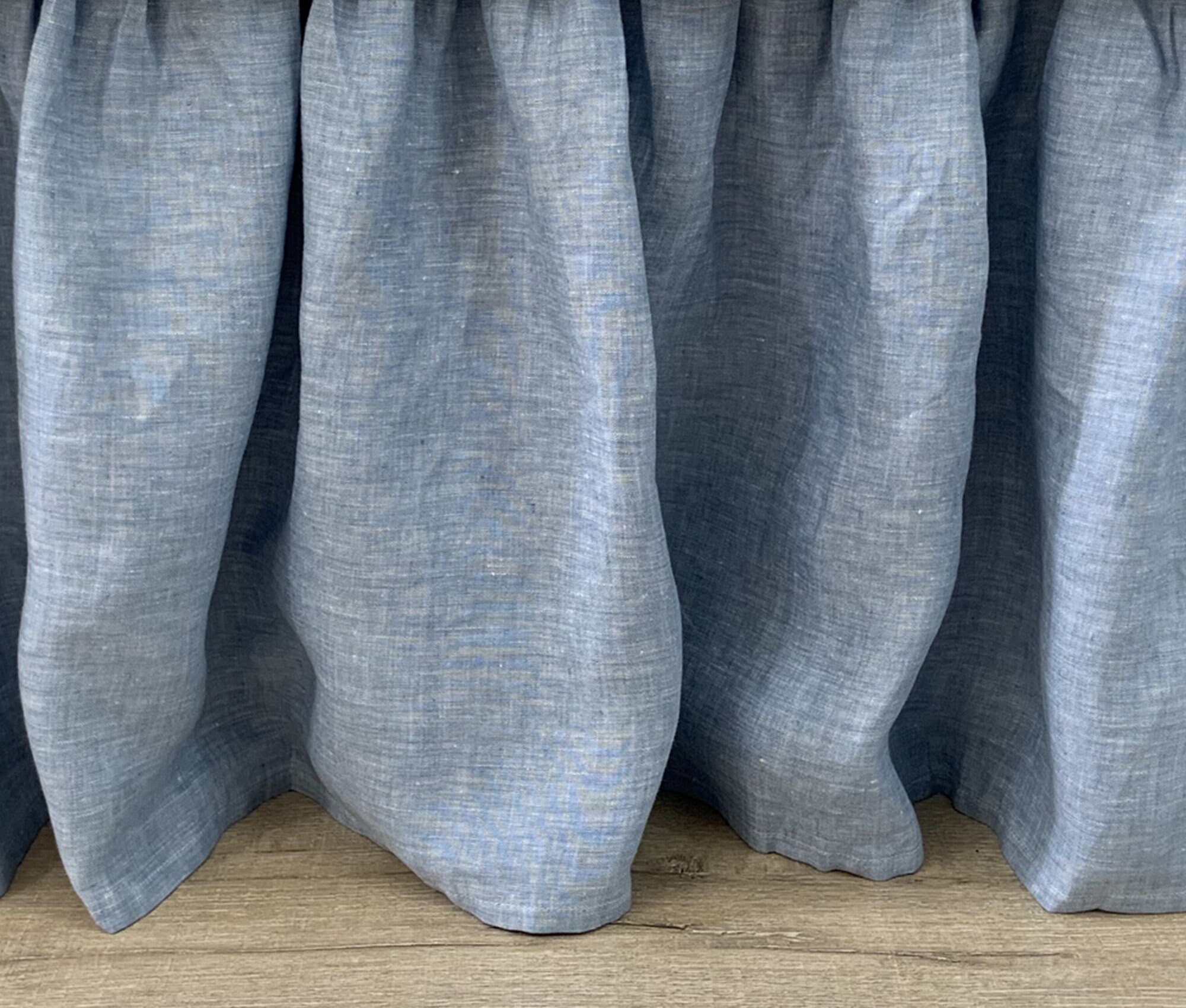 Chambray Surf Blue Linen Bed Skirt With Gathered Ruffles, Blue Chambray ...