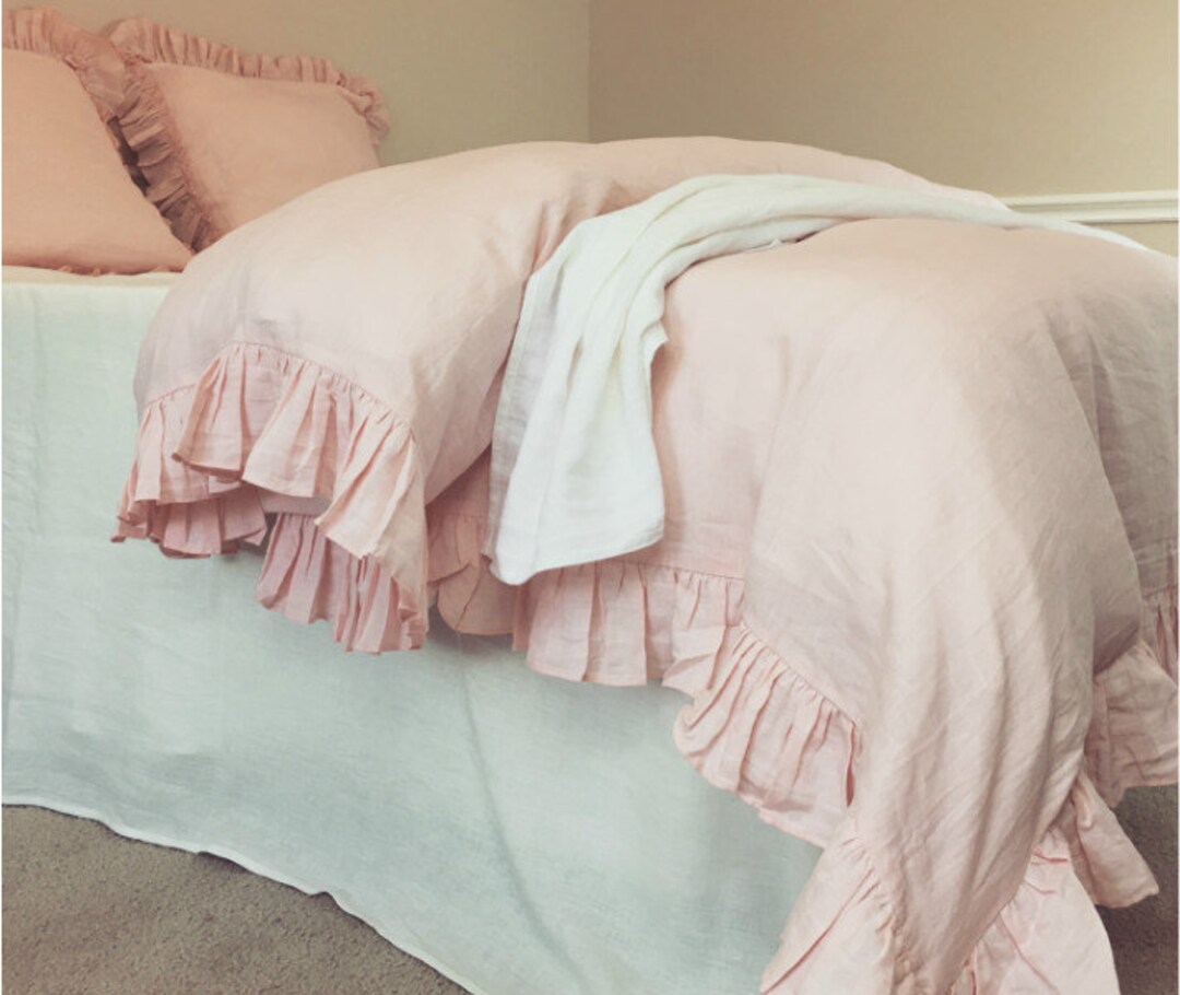 Pink Ruffle Duvet Cover Handmade in Natural Linen, Shabby Chic Bedding ...