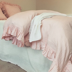 Pink Ruffle Duvet Cover Handmade in Natural Linen, Shabby Chic Bedding ...