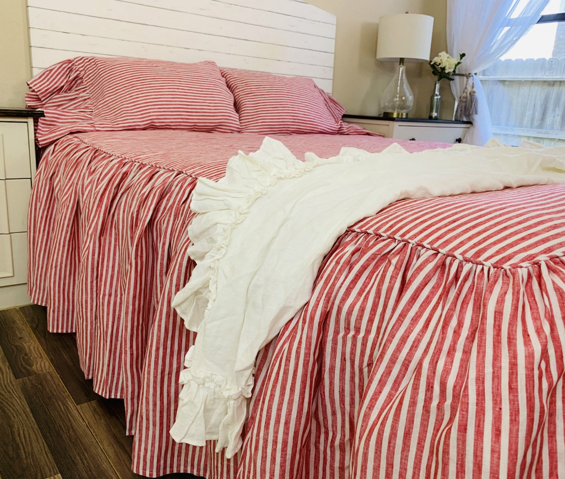 Red and White Striped Bedspread, Linen Bed Cover, Farmhouse Style ...