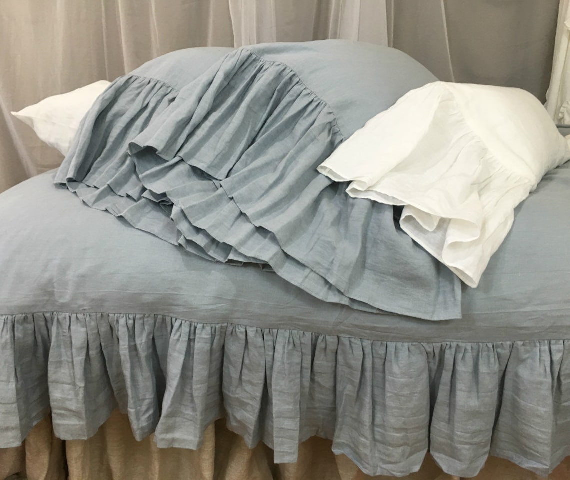 Duck Egg Blue Duvet Cover W. Mermaid Long Ruffle Ruffle | Etsy