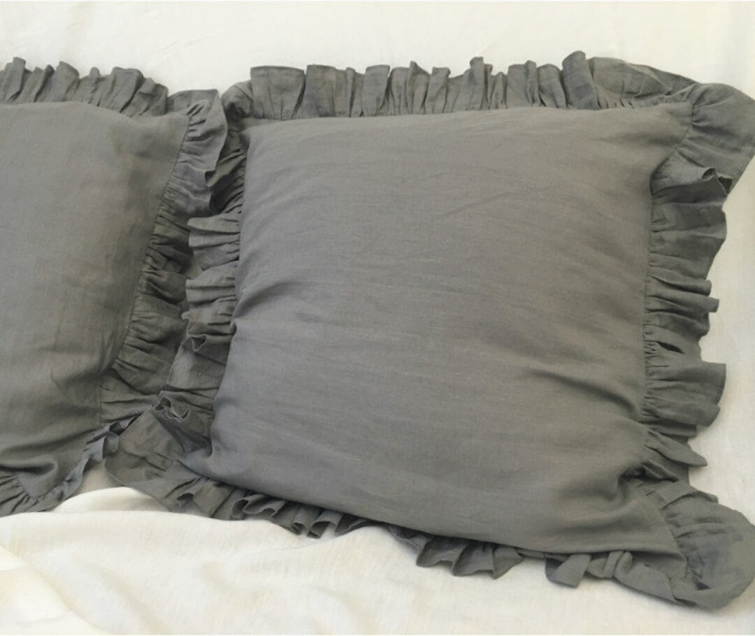 Medium Grey Ruffle Pillow Covers, Linen Ruffle Pillow Covers, Accented ...