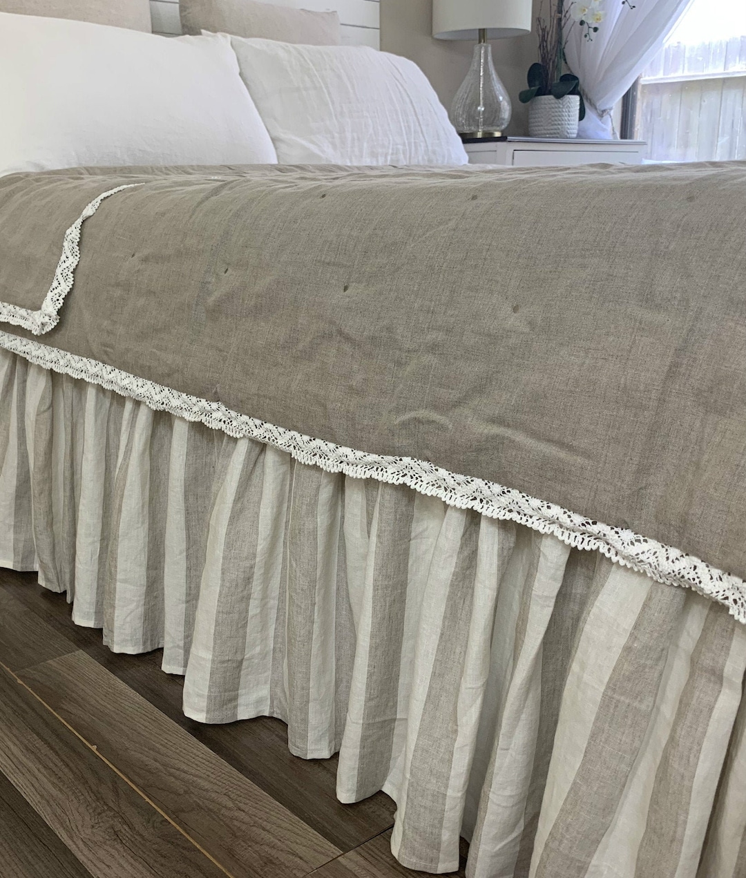 Natural Linen Striped Bed Skirt, Linen Dust Ruffles, Linen Bed Skirt ...