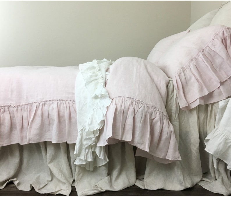 Blush Pink Linen Duvet Cover With Country Mermaid Long Ruffles, Shabby ...