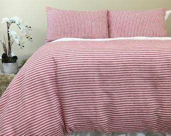 Stone Washed Pure Linen Bedding, Red Striped Duvet Cover 2 Pillowcases ...