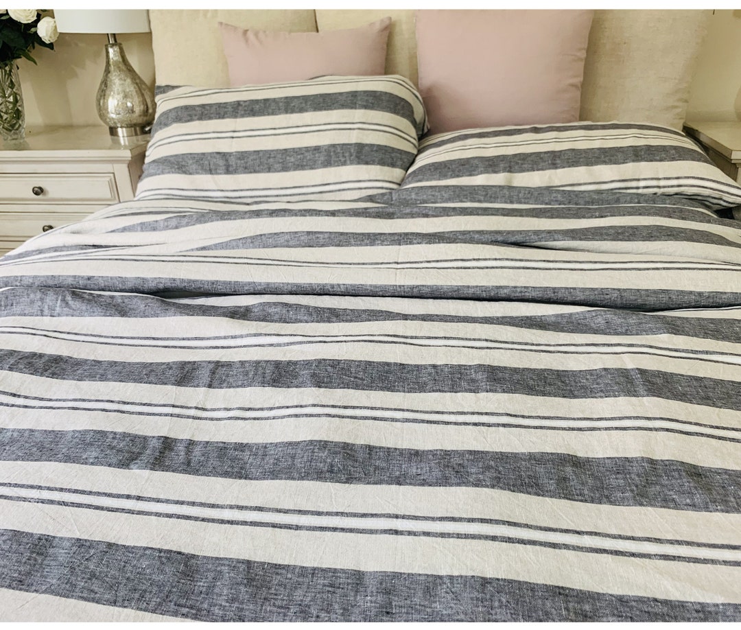 Slate Grey and Natural Linen Coastal Striped Duvet Cover, King 3pc Set ...